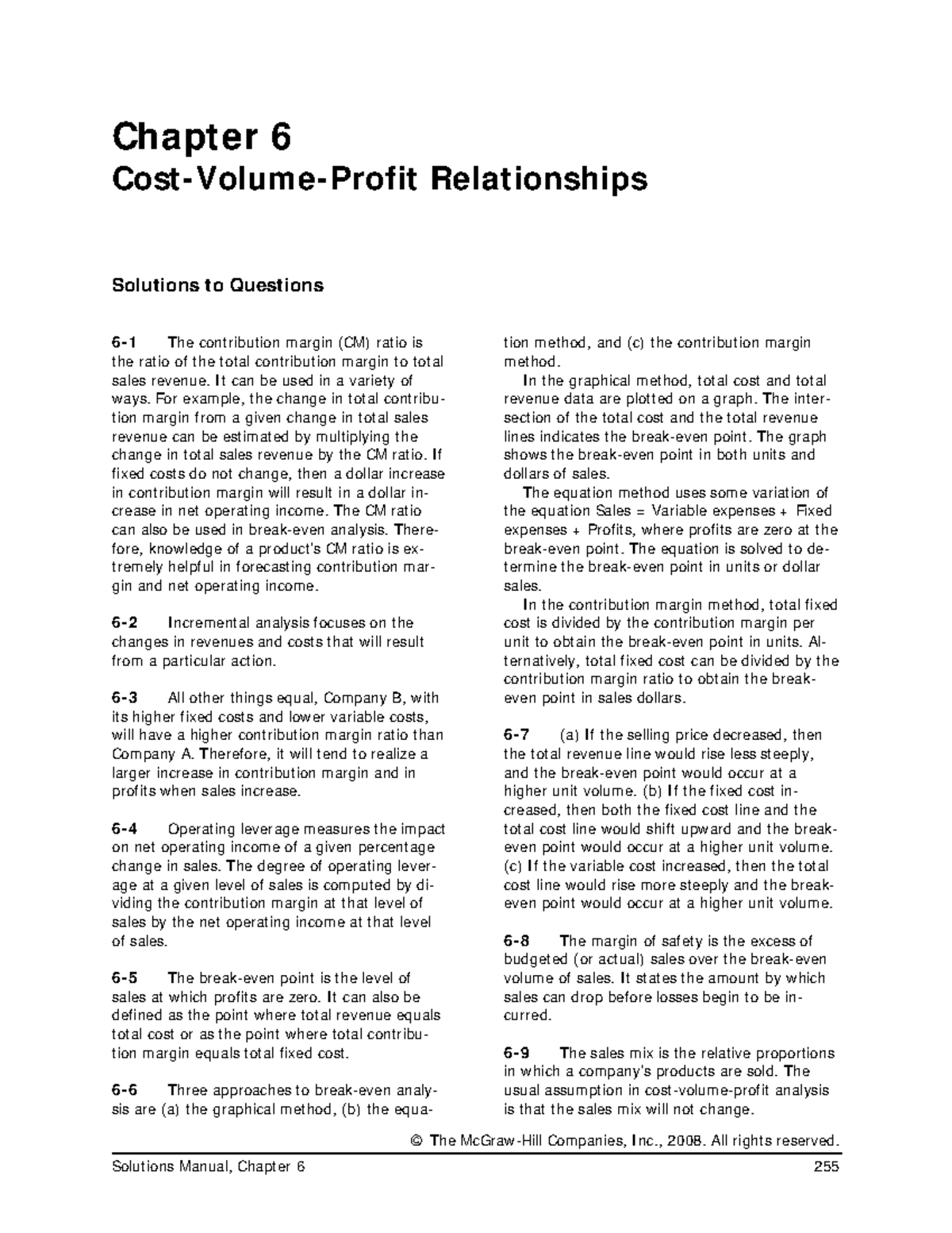 Chapter 6 Cost Volume Profit Relationshi - © The McGraw-Hill Companies ...