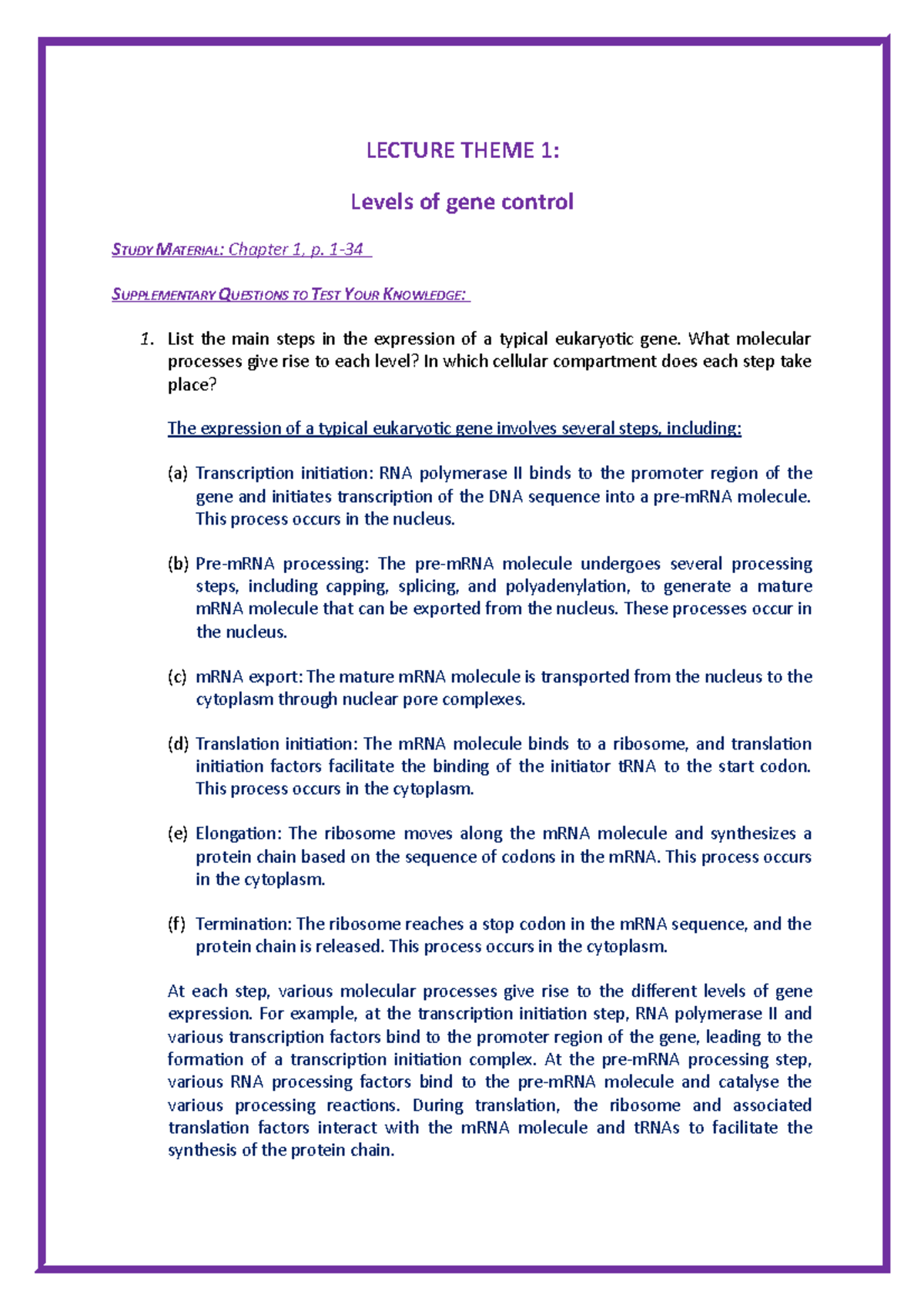 GTS 351 Theme 1 Supplemnetary Questions - LECTURE THEME 1: Levels of gene control STUDY MATERIAL ...