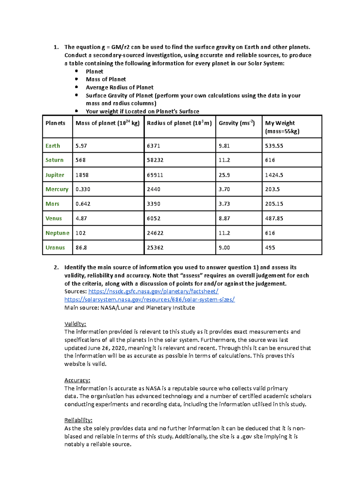 Physics depth study 1 - The equation g = GM/r2 can be used to find the ...