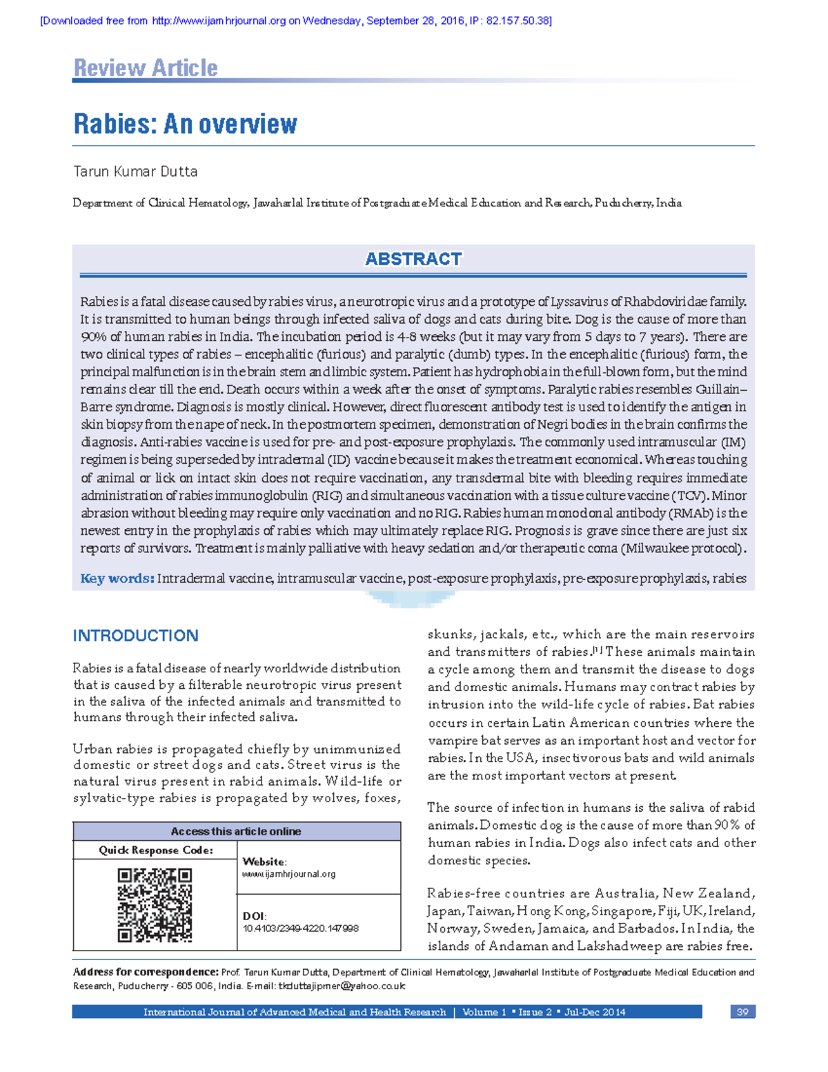Ref Rabies - Rabies: An overview Tarun Kumar Dutta Department of ...