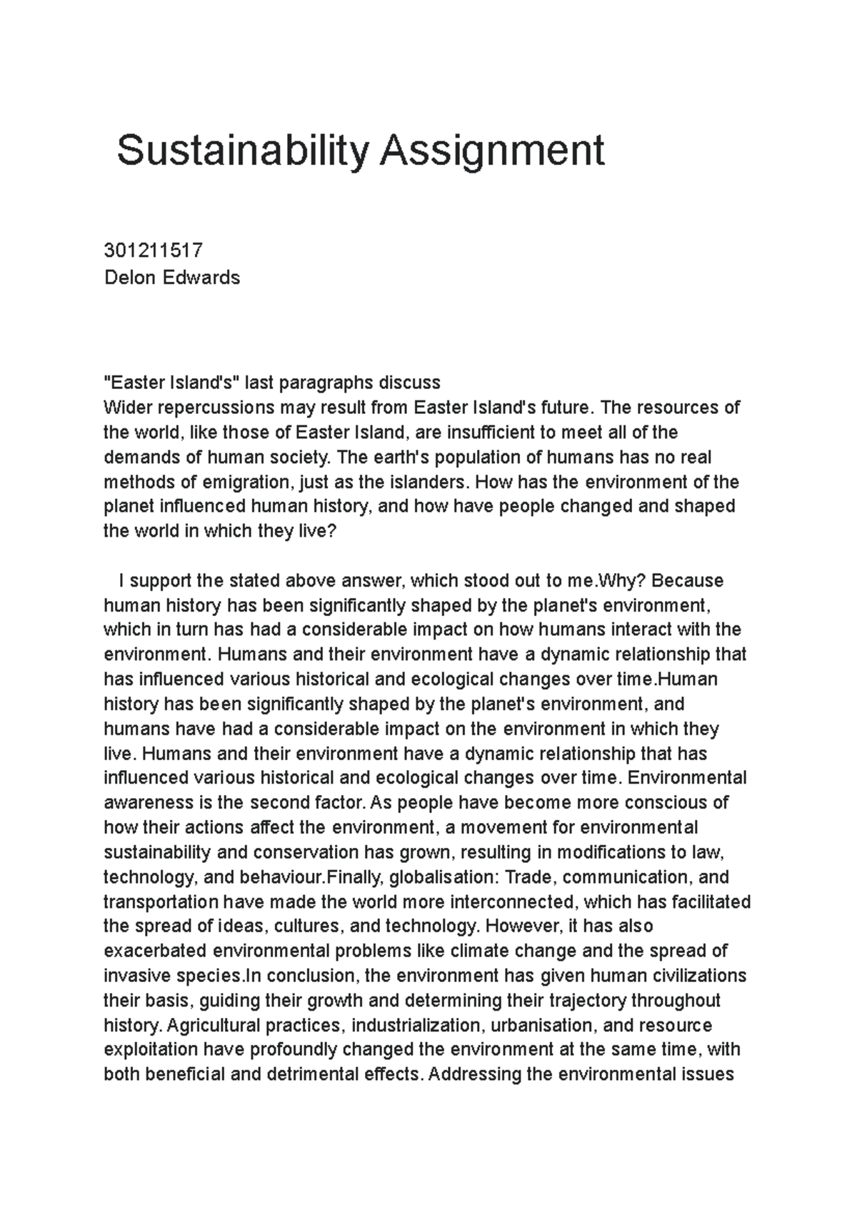 Sustainability Assignment - Sustainability Assignment 301211517 Delon ...