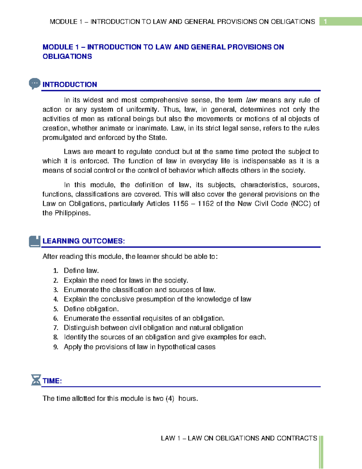LAW-M1 - law - MODULE 1 – INTRODUCTION TO LAW AND GENERAL PROVISIONS ON ...