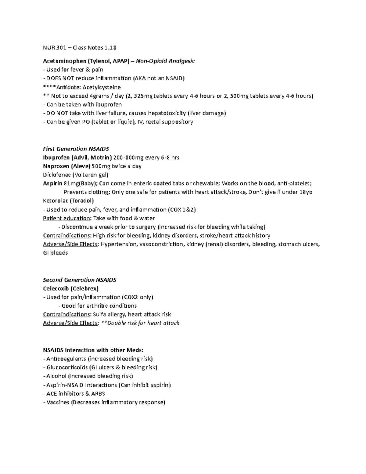 NUR 301 - Class Notes 1 - NUR 301 – Class Notes 1. Acetaminophen ...