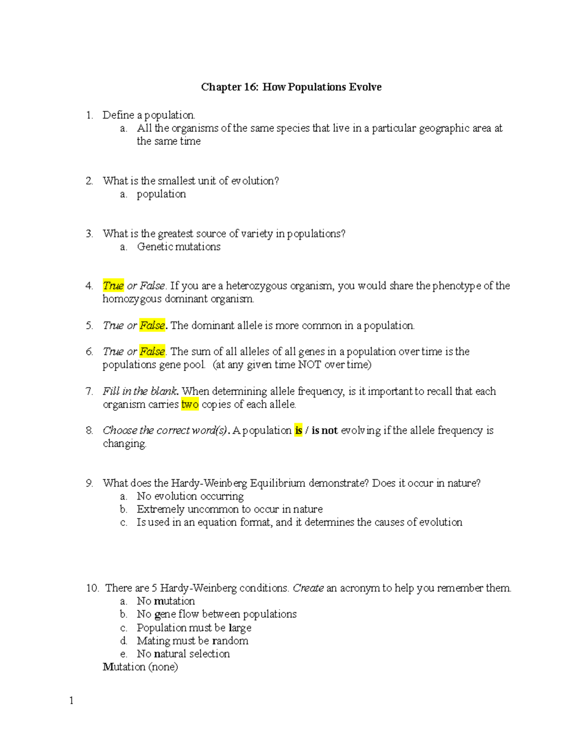 Review Session #1 - Chapter 16: How Populations Evolve - Chapter 16 ...