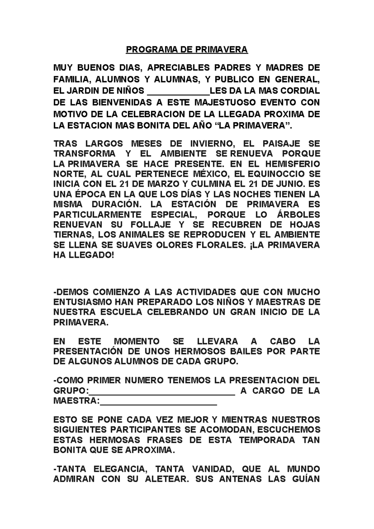 Programa de Primavera - PROGRAMA DE PRIMAVERA MUY BUENOS DIAS, APRECIABLES PADRES Y MADRES DE ...