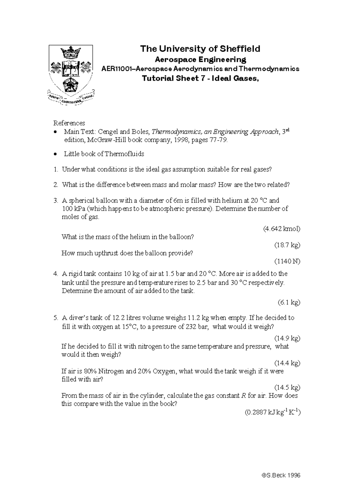 7 Gas laws tutorial - S 1996 The University of Sheffield Aerospace Engineering AER11001 ...