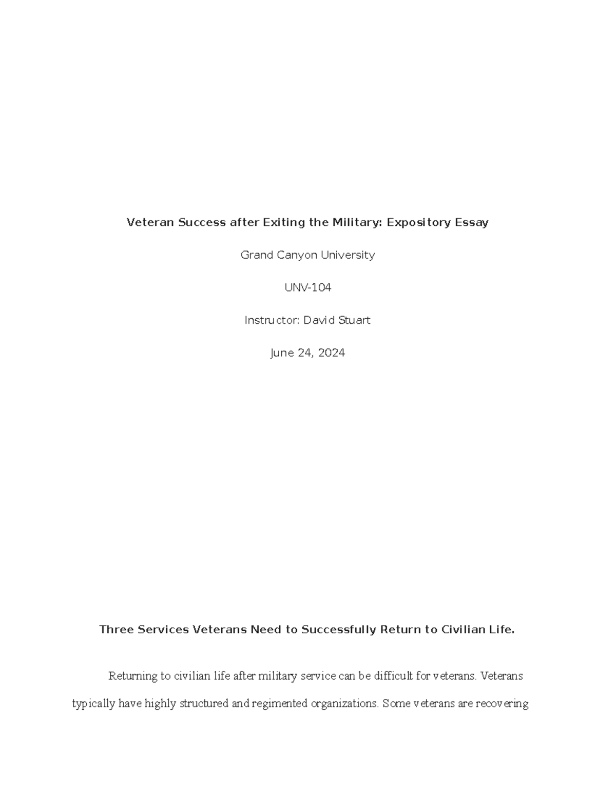 Final Draft Essay - Veteran success - Veteran Success after Exiting the ...