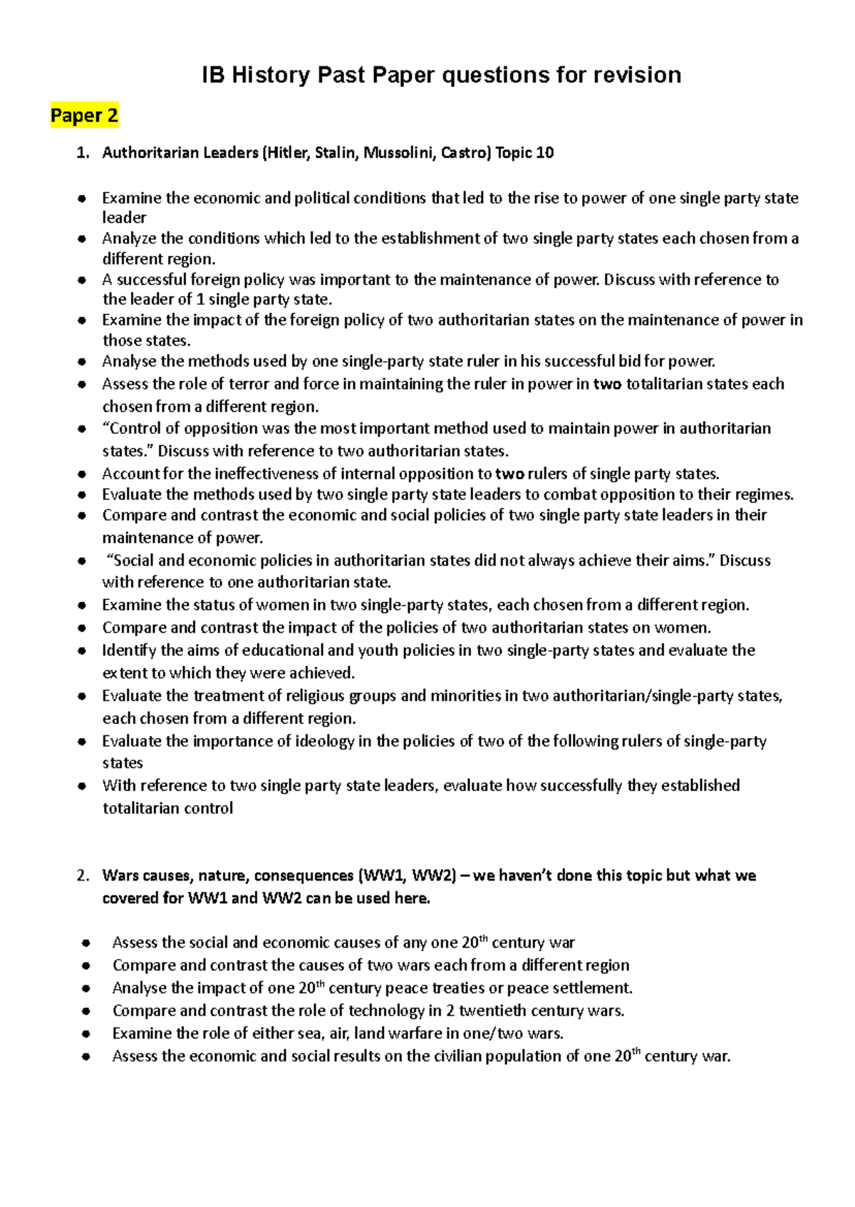 Year 13 revision past paper questions paper 2 and paper 3 - IB History ...