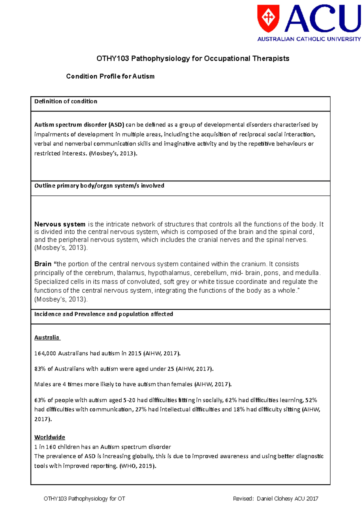 OTHY103 Condition Profile Autism - OTHY103 Pathophysiology for ...
