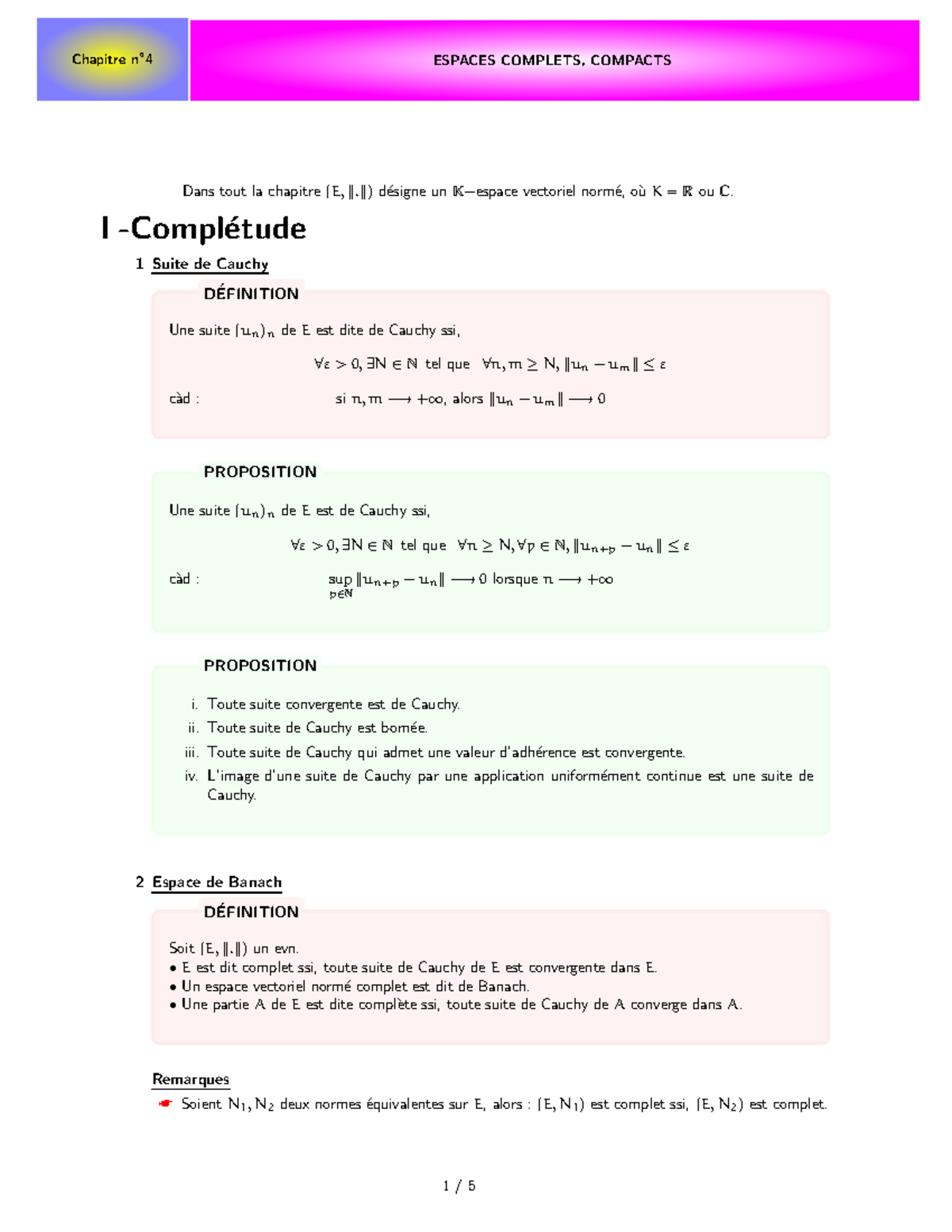 ESPACES COMPLETS, COMPACTS - Dans tout la chapitre (E, ‖.‖) d ́esigne ...