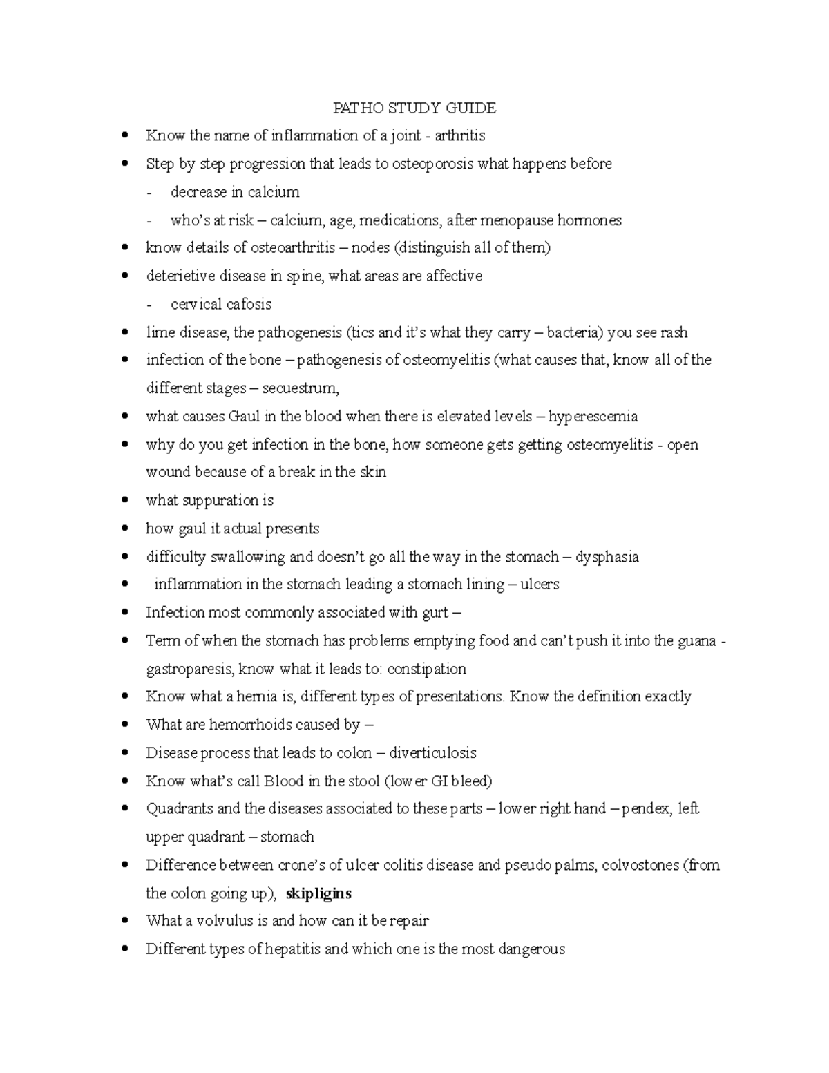 Patho Study Guide - N/A - PATHO STUDY GUIDE Know the name of ...