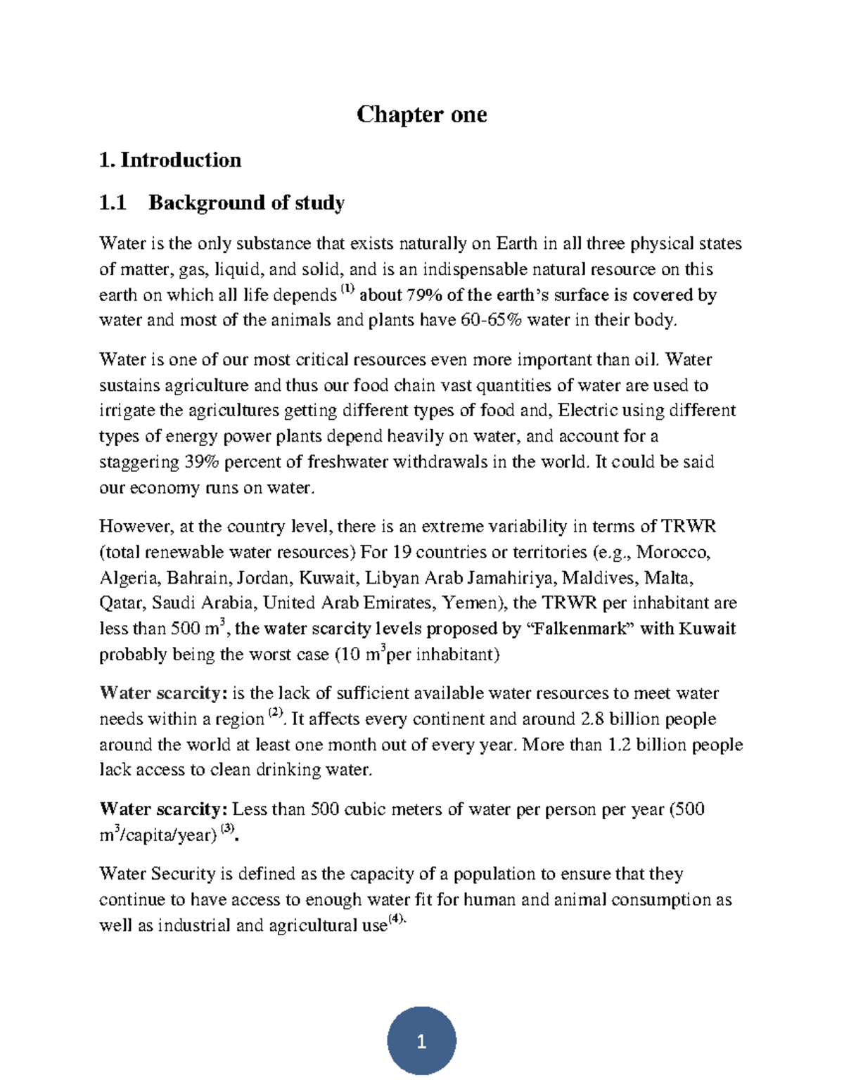 Final thesis - Chapter one 1. Introduction 1 Background of study Water ...