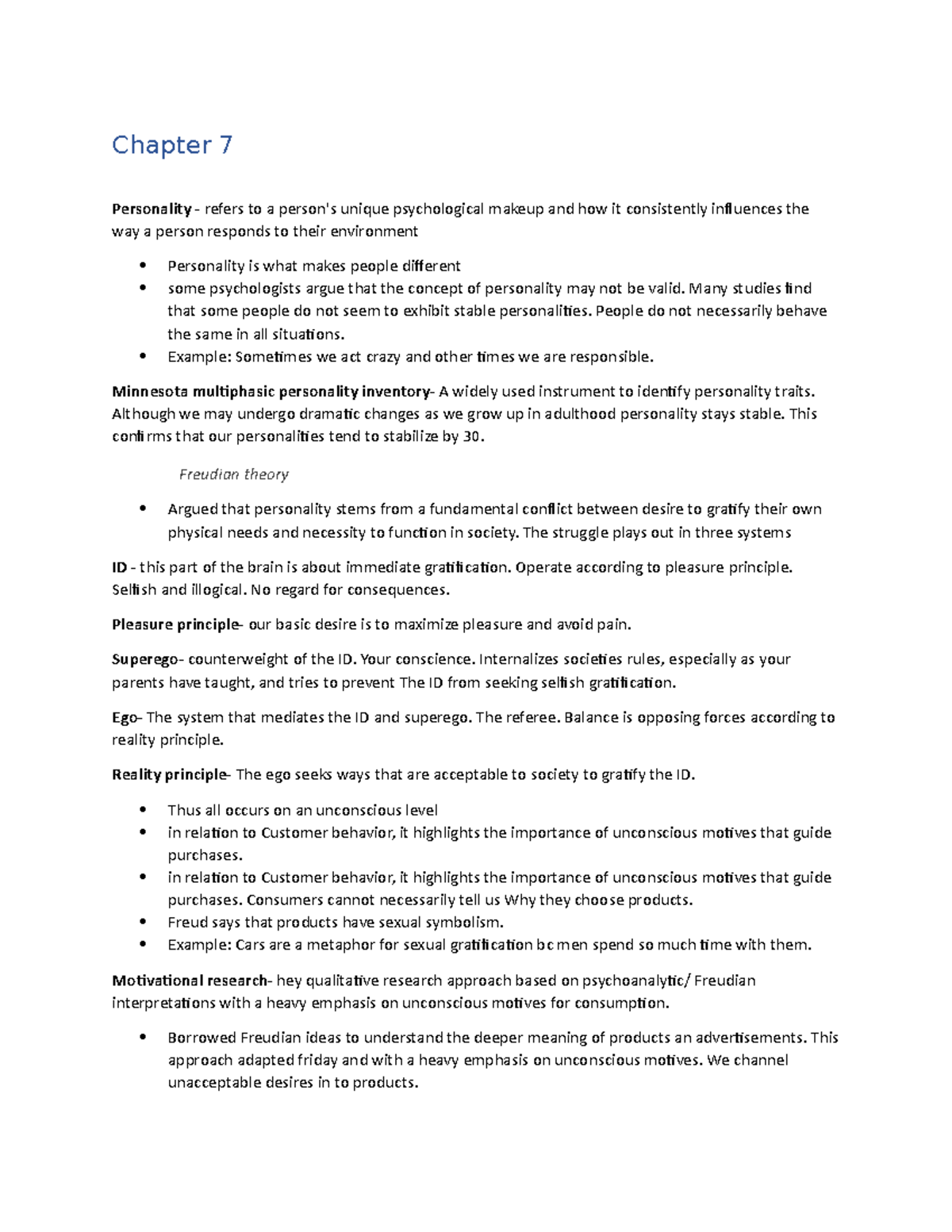 Chapter 7 CB - Chapter 7 Personality - refers to a person's unique ...