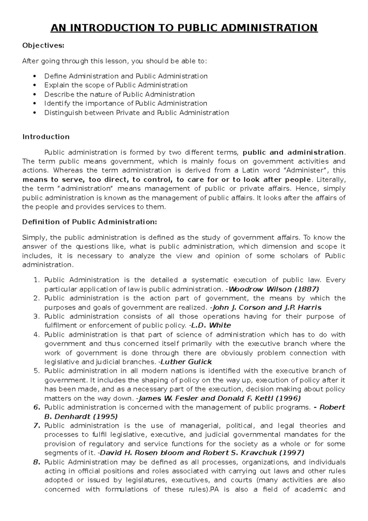 CH - None - AN INTRODUCTION TO PUBLIC ADMINISTRATION Objectives: After ...