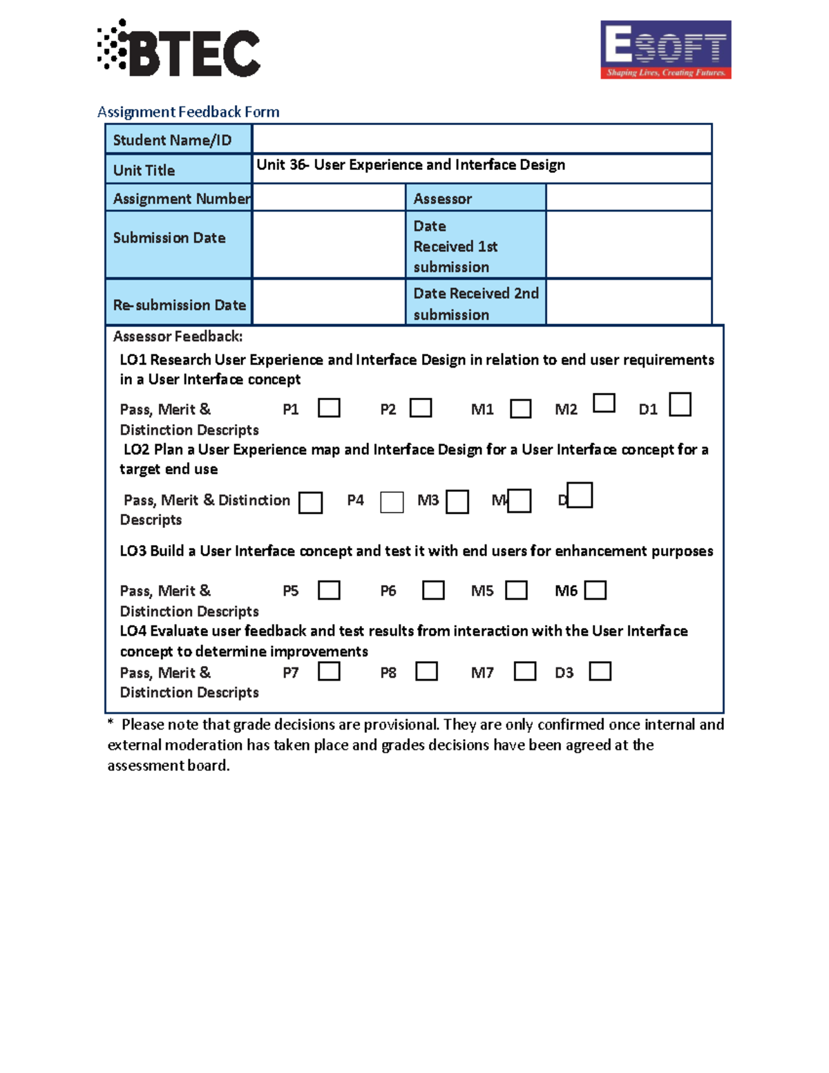 UEID Brief - Assignment Feedback Form Student Name/ID Unit Title Unit ...