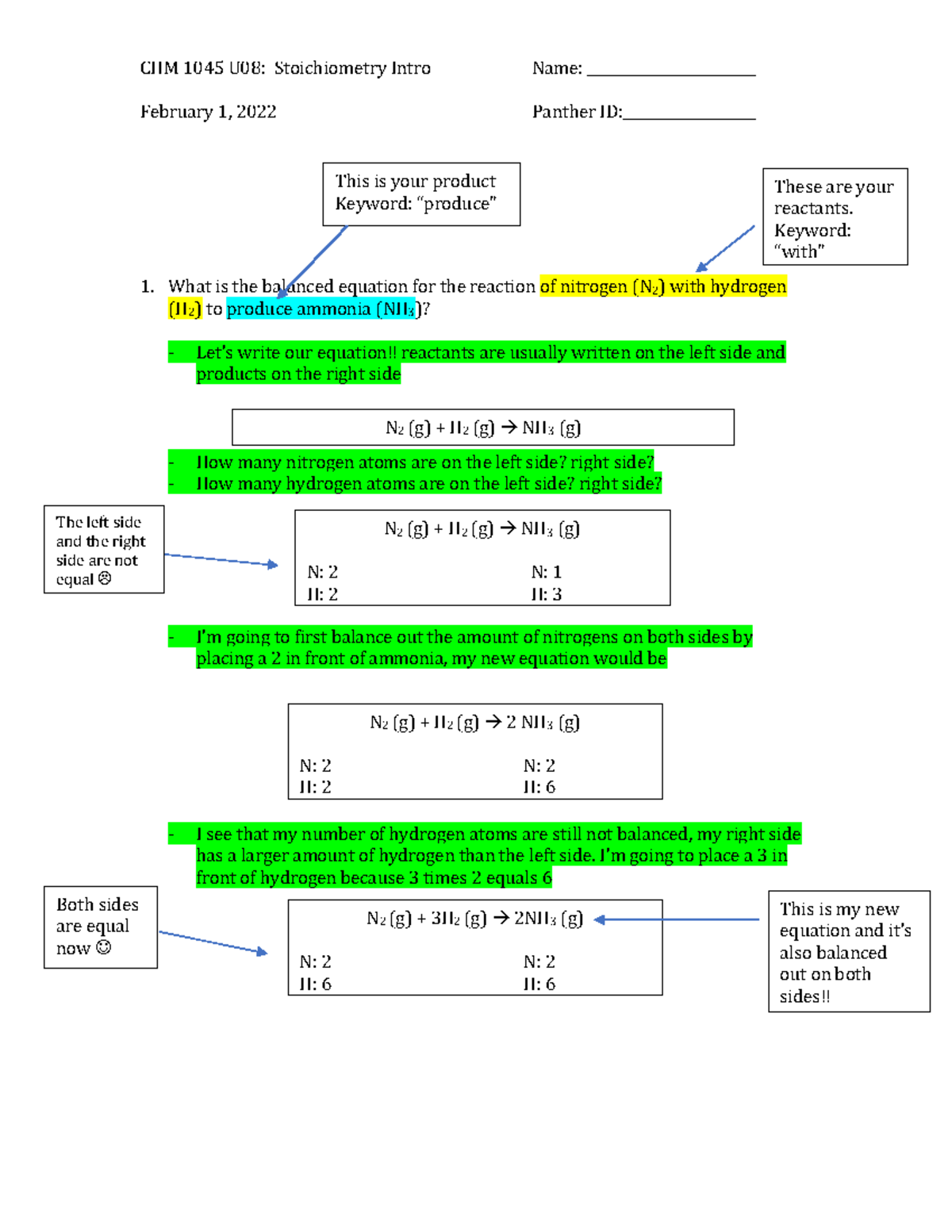 2.1.22 S.1 Stoichiometry Intro - February 1, 2022 Panther ID: What is the balanced equation for ...