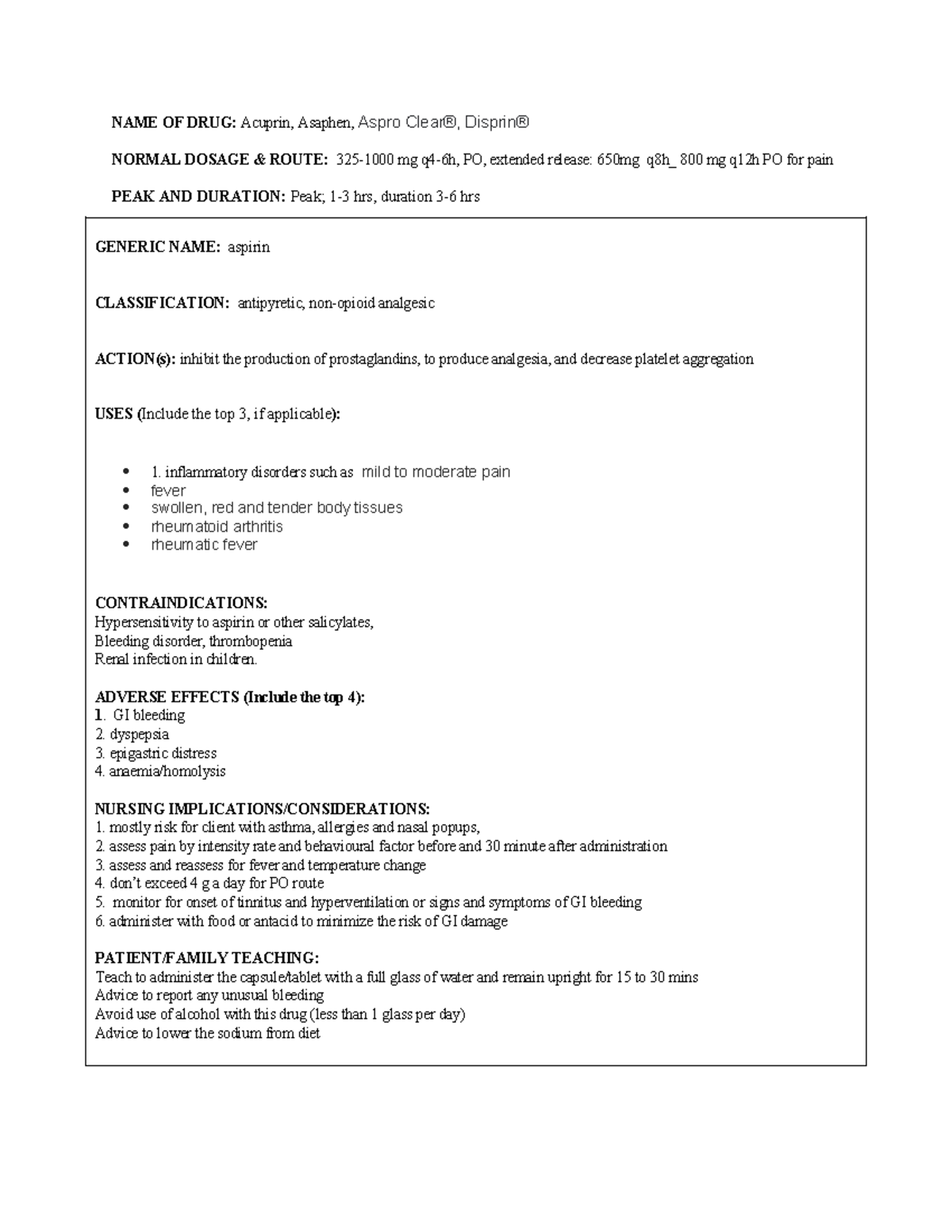 Aspirin - Drug card - NAME OF DRUG: Acuprin, Asaphen, Aspro Clear ...