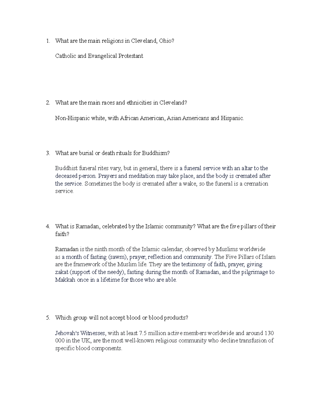 Culture worksheet - What are the main religions in Cleveland, Ohio ...