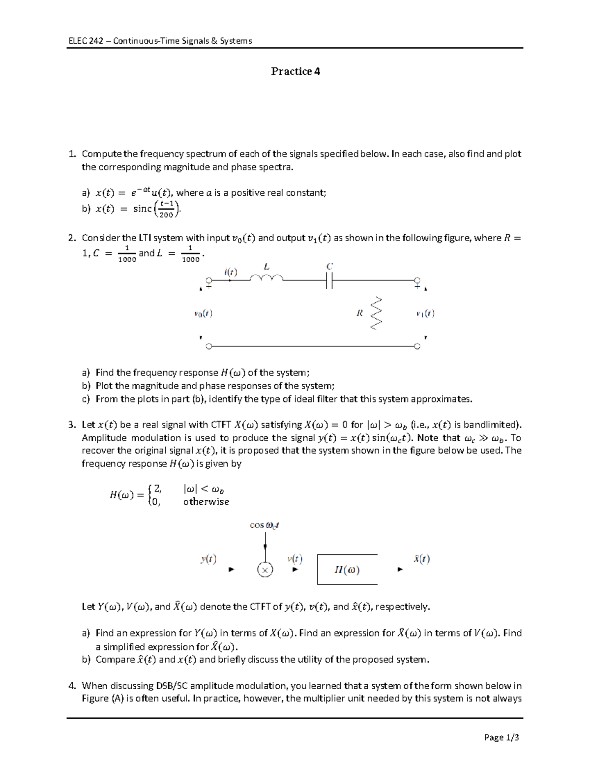 Elec242-Practice 4 engineering course - ELEC 242 – Continuous-Time Signals & Systems Page 1 ...