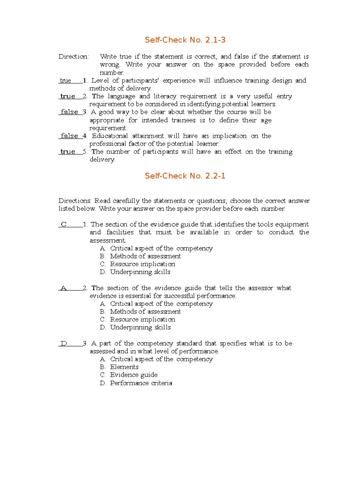 TRAINING METHODOLOGY I LEARNING EPISODE 1 - Self-Check No. 2- Direction ...