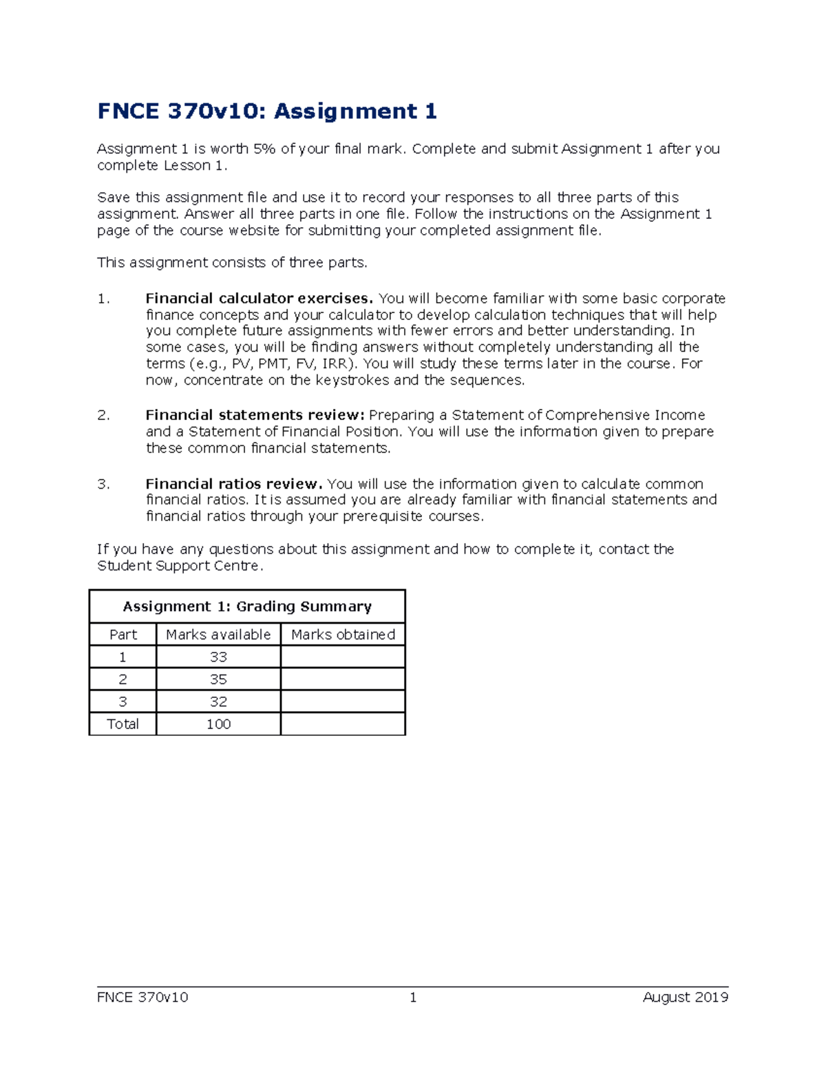 FNCE370 assignment 1 course - FNCE 370v10: Assignment 1 Assignment 1 is worth 5% of your final ...