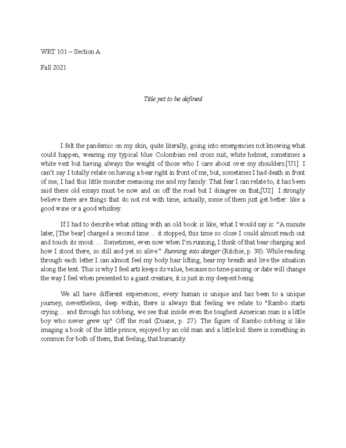 WRT 101 section A - Writing essay that I wrote - WRT 101 – Section A ...