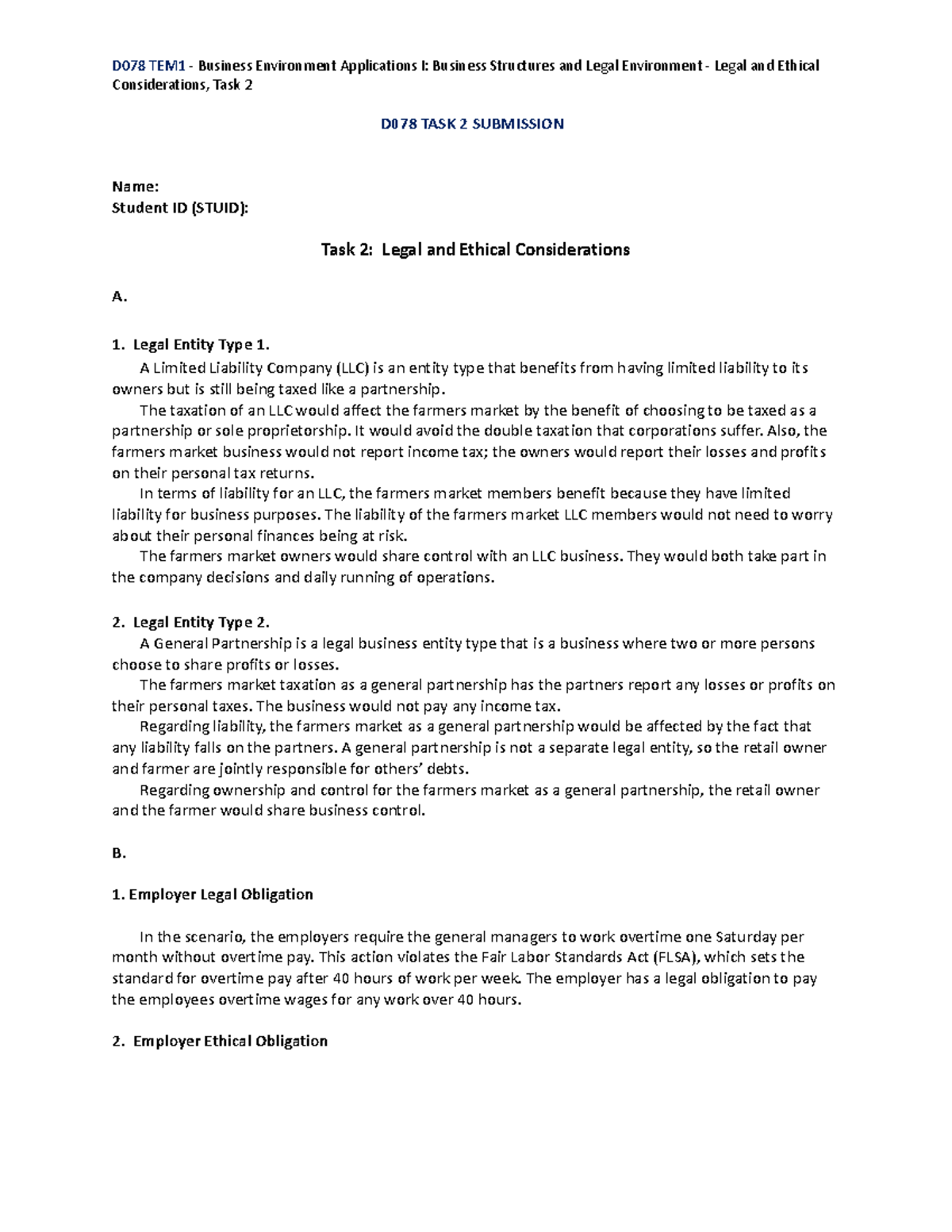 D078 Task 2 - Task 2 - D078 TEM1 - Business Environment Applications I ...