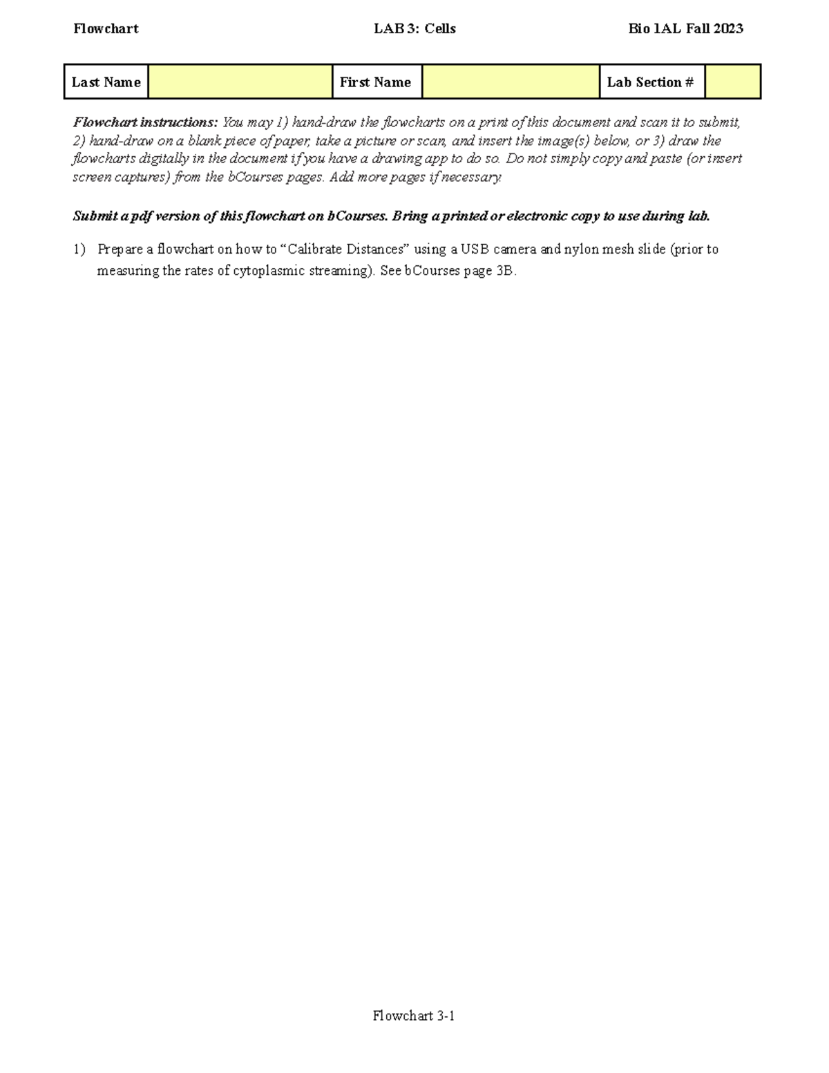 Lab3 - Lab - Flowchart LAB 3: Cells Bio 1AL Fall 2023 Last Name First Name Lab Section ...
