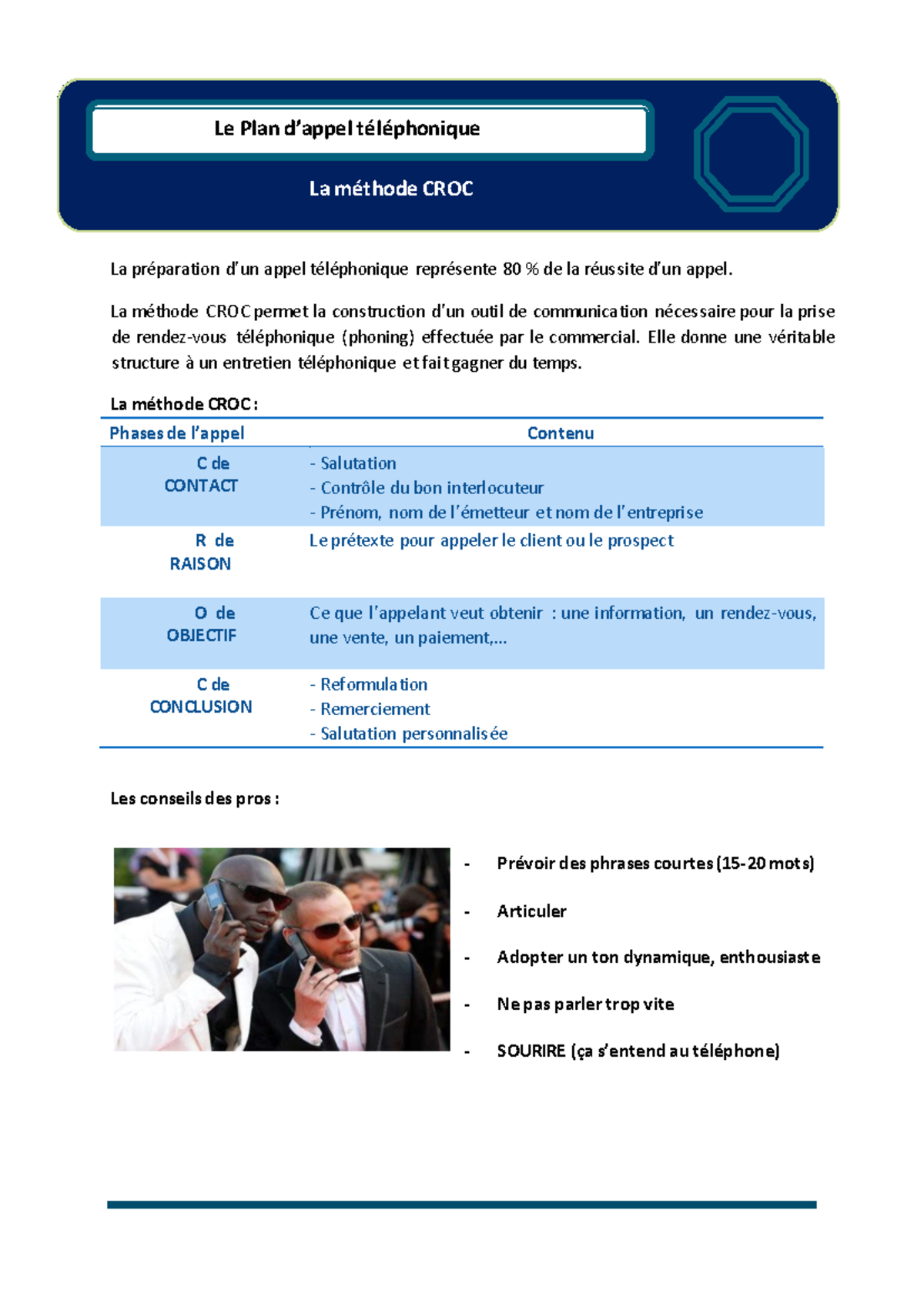 La méthode CROC - La préparation d’un appel téléphonique représente 80 % de la réussite d’un ...
