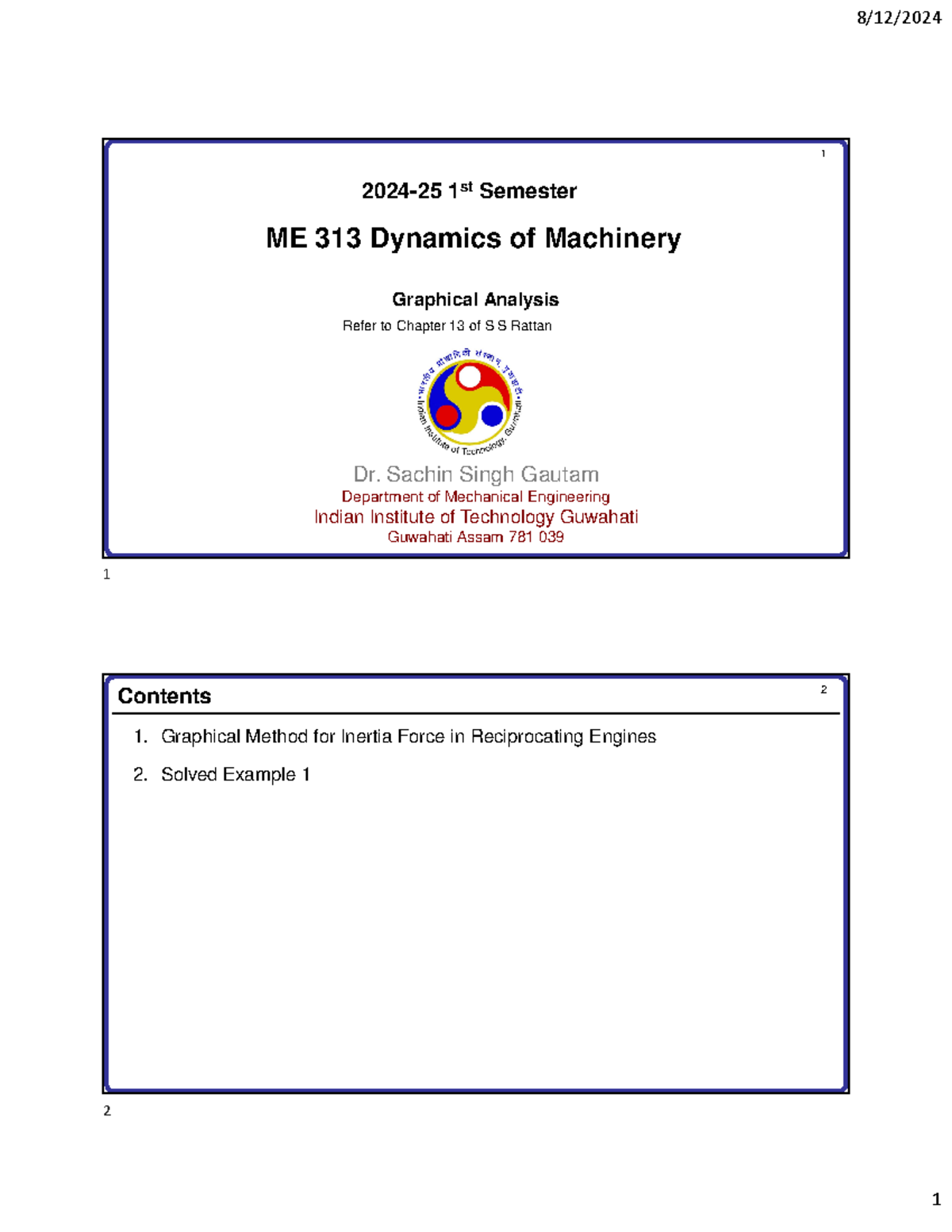 ME 313 2024 08 19 - Notes - 1 2024-25 1st Semester ME 313 Dynamics of ...