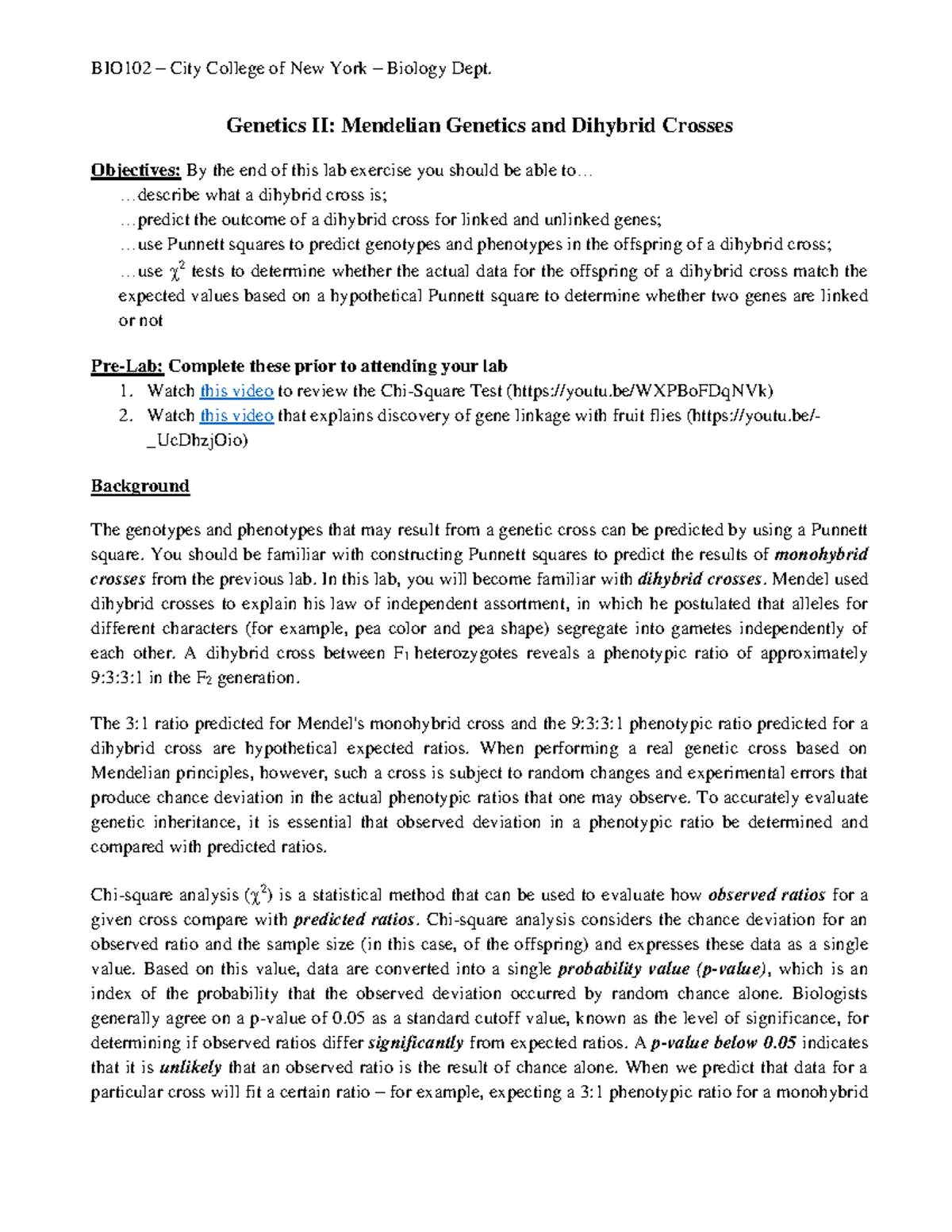 Genetics II Handout - Genetics II: Mendelian Genetics and Dihybrid ...