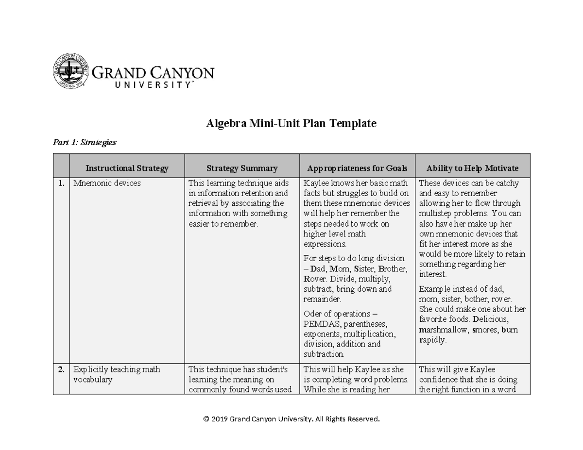 Algebra Mini-Unit Plan - Mnemonic devices This learning technique aids ...