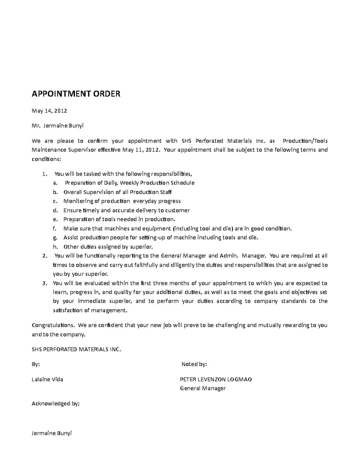 Appointment Order-bunyi - APPOINTMENT ORDER May 14, 2012 Mr. Jermaine ...