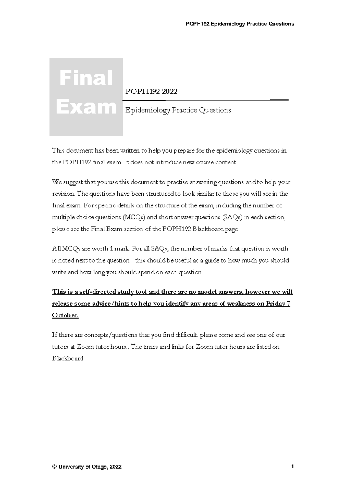 Epidemiology Practice Questions - POPH192 2022 Epidemiology Practice ...