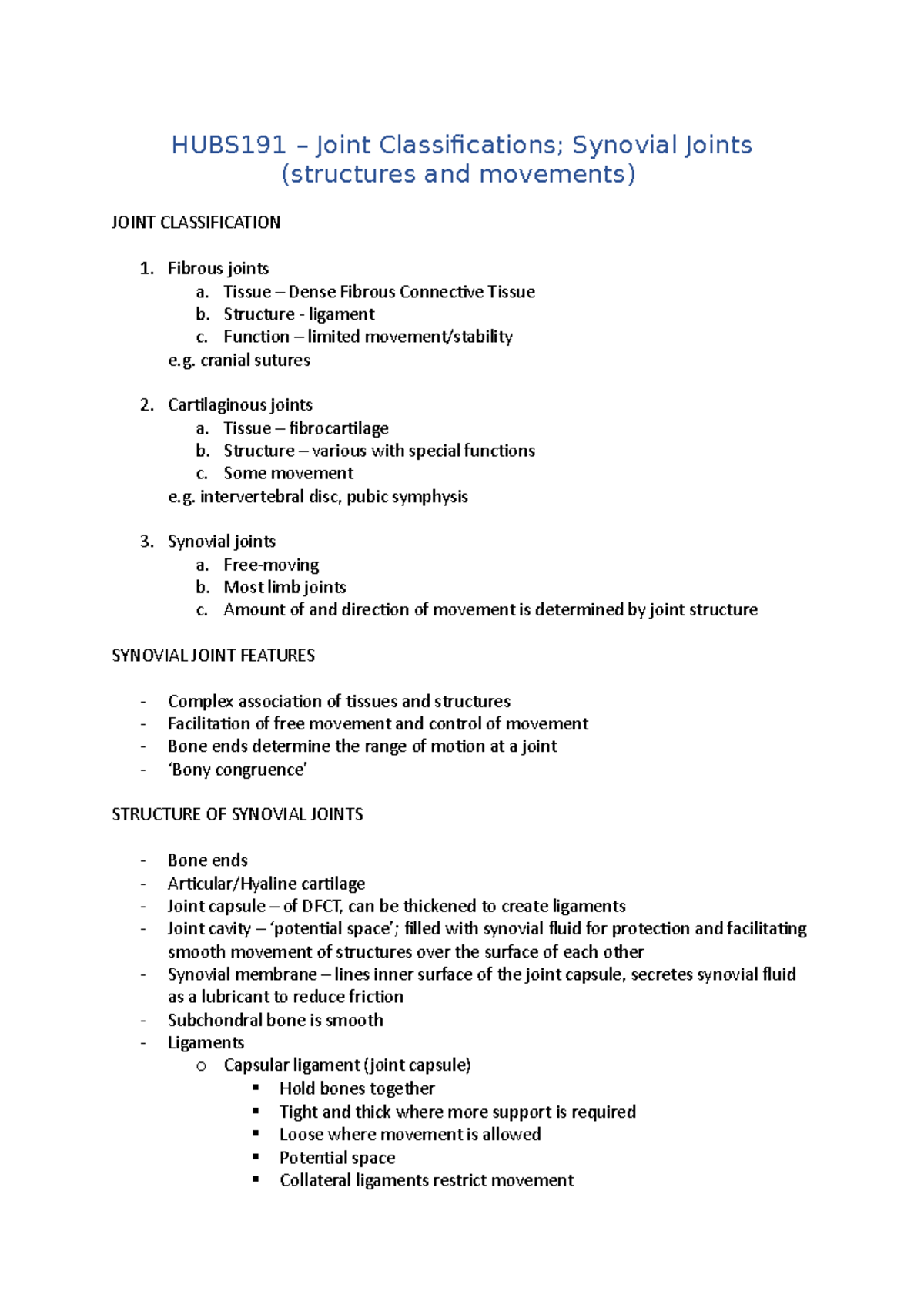 Joint Classifications; Synovial Joints - HUBS191 – Joint ...