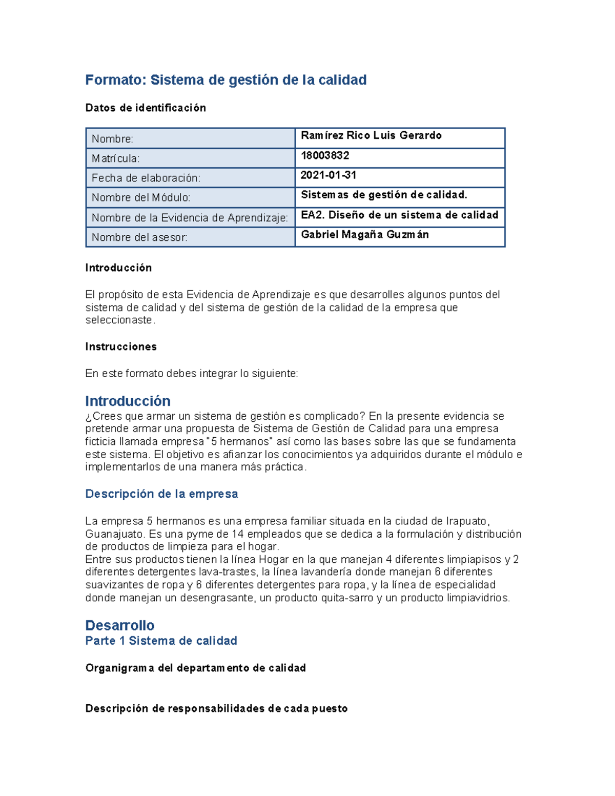 EA2 diseño de un sistema de calidadlidad - Formato: Sistema de gestión ...