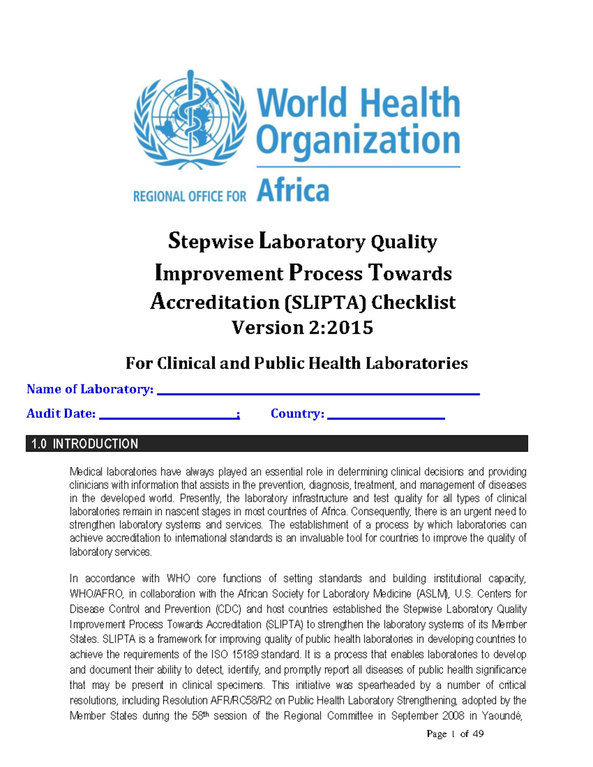 Slipta Checklist - Cheklist for accreditation - Stepwise Laboratory ...