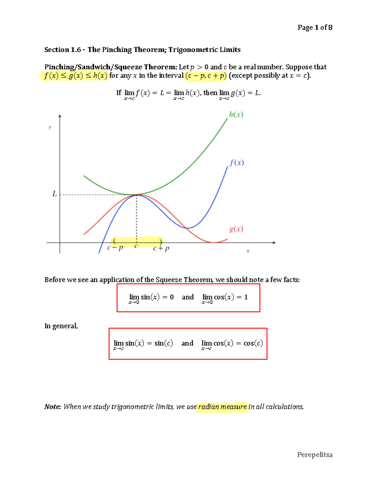 1431S16 notes - Section 1 - The Pinching Theorem; Trigonometric Limits ...