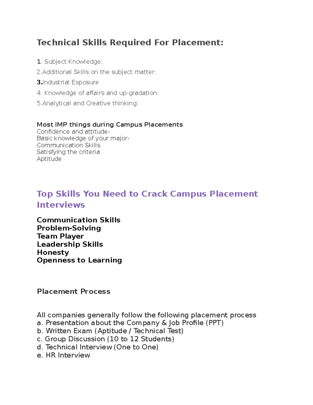 Placement - mca - Technical Skills Required For Placement: Subject ...