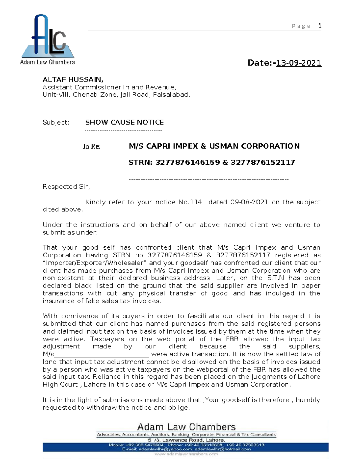 Usman corp - P a g e | 1 p Date:-13-09- ALTAF HUSSAIN, Assistant ...