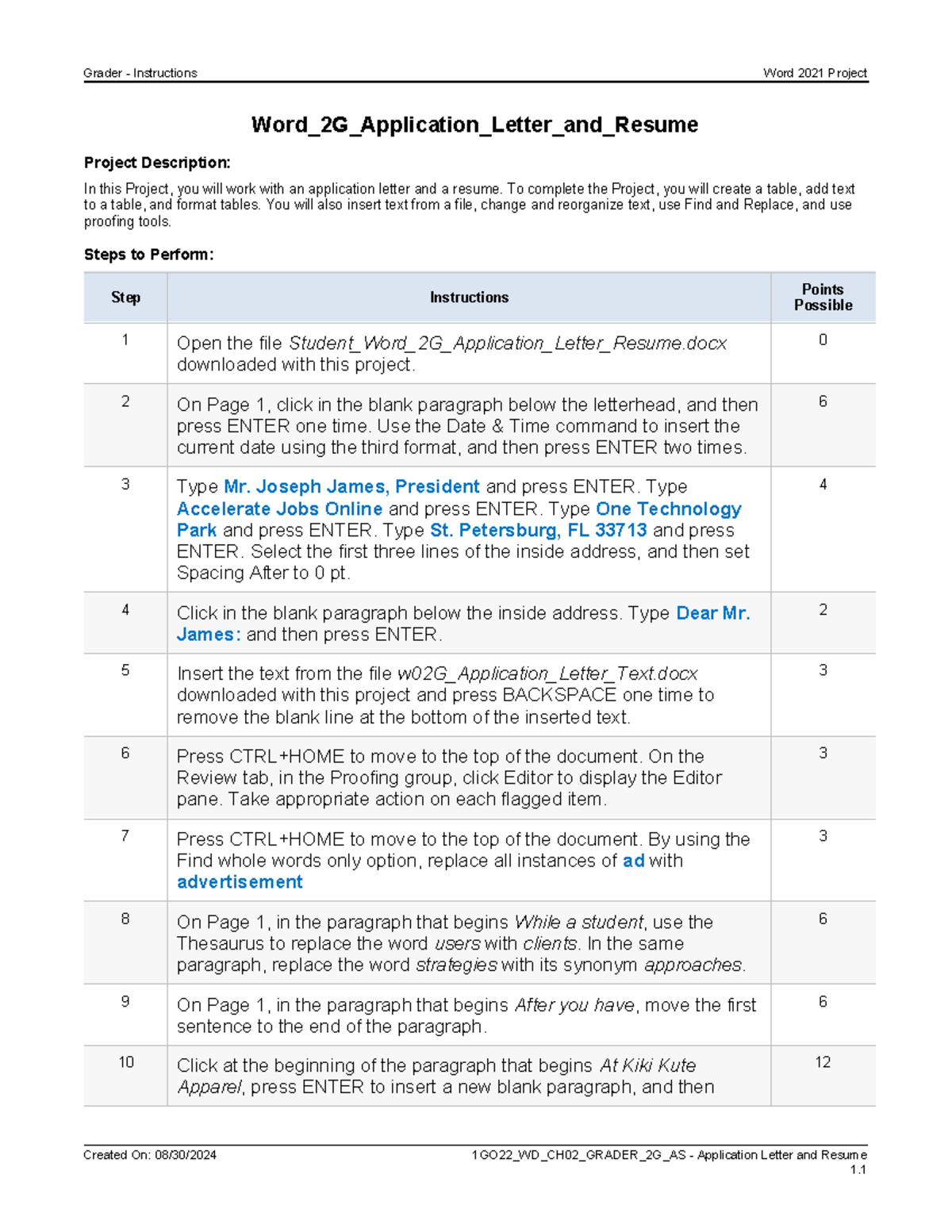Word 2G Application Letter and Resume Instructions - Grader ...