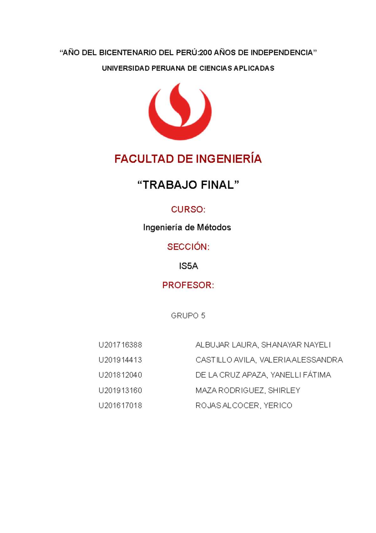 TF Grupo 5 IS5A ( Avance) - “AÑO DEL BICENTENARIO DEL PERÚ:200 AÑOS DE ...