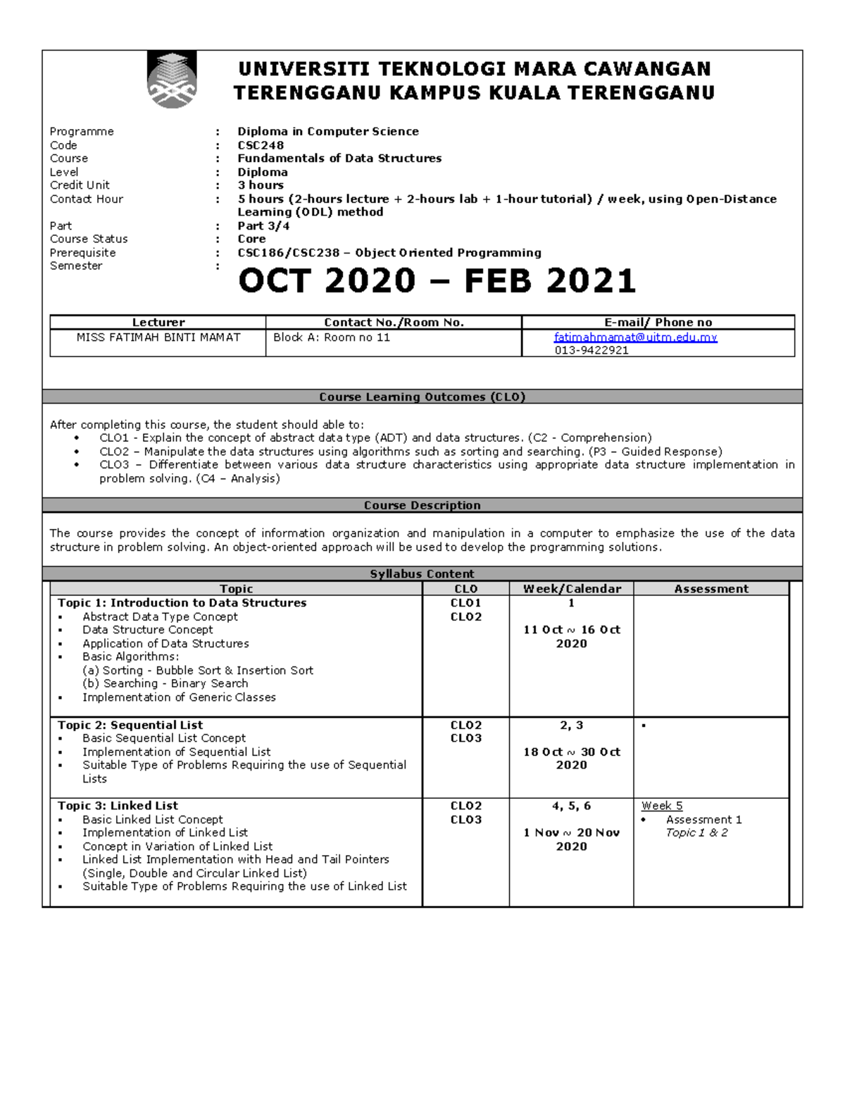 SOW CSC248 - course information for the entire semester - UNIVERSITI ...