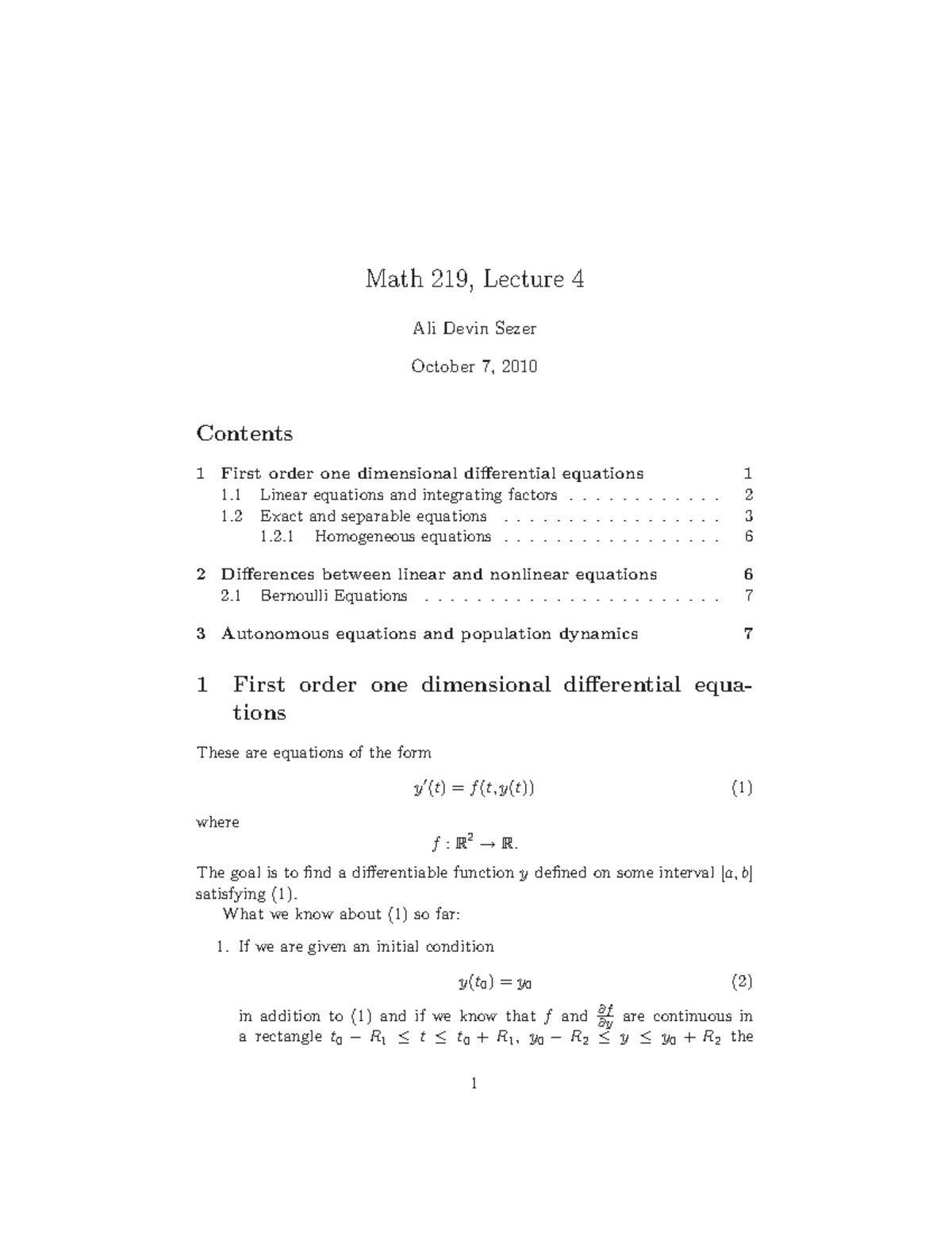 MATH219.2010 1.Lecture Notes 3 - Math 219, Lecture 4 Ali Devin Sezer ...