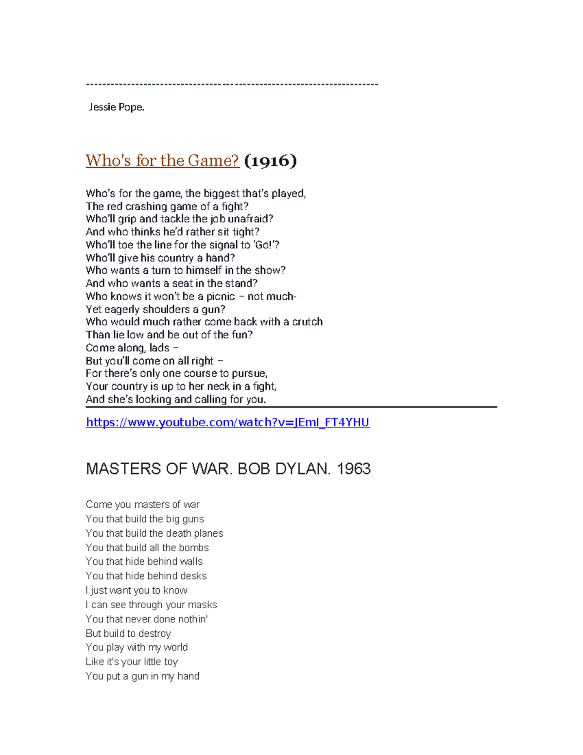 Lecture Seven. Waste LAND PT. 2 - Jessie Pope. Who's for the Game ...