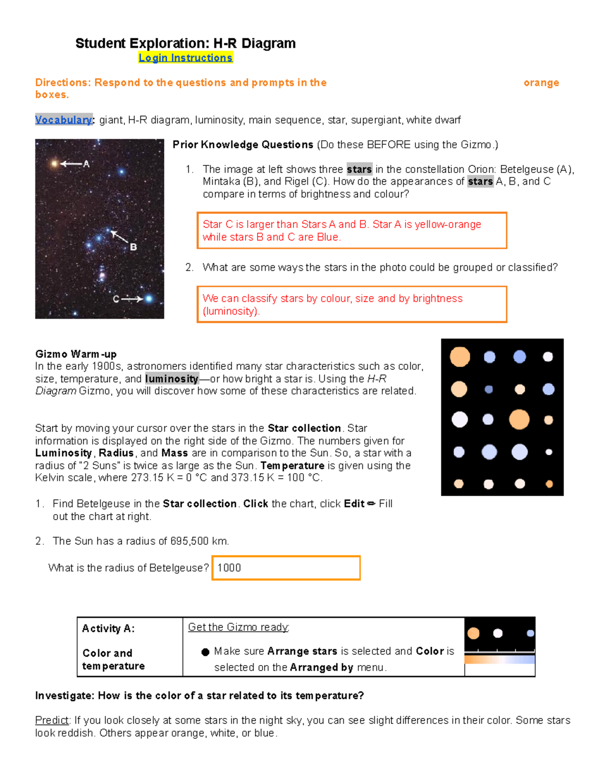 SNC1D-6 Block 2 H-R Diagram Student Exploration - Student Exploration ...