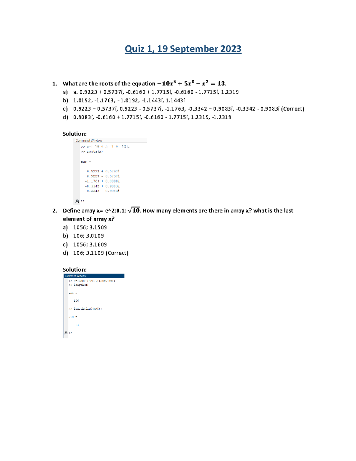 Quiz 1-Tuesday - In class Quiz with solution - Quiz 1, 1 9 September ...