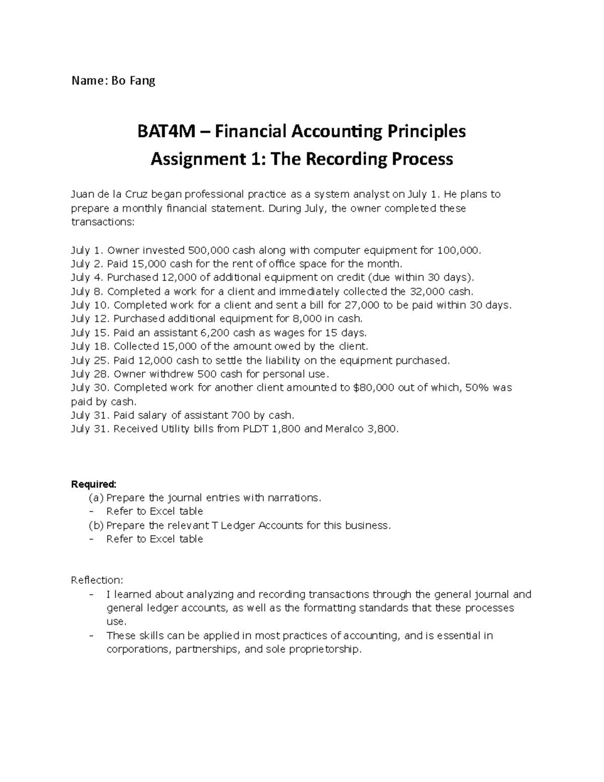 Assignment 1 - The Recording Process - Name: Bo Fang BAT4M – Financial ...