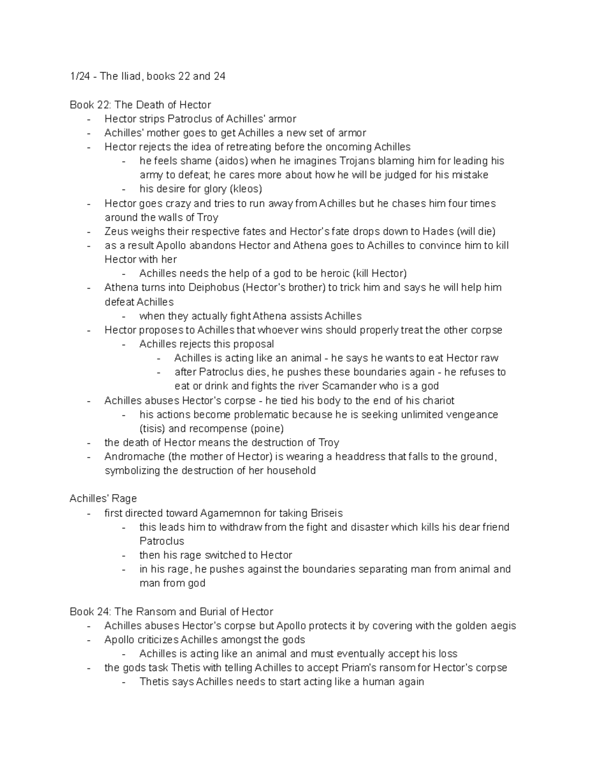 The Iliad Books 22 and 24 Lecture Notes - 1/24 - The Iliad, books 22 ...