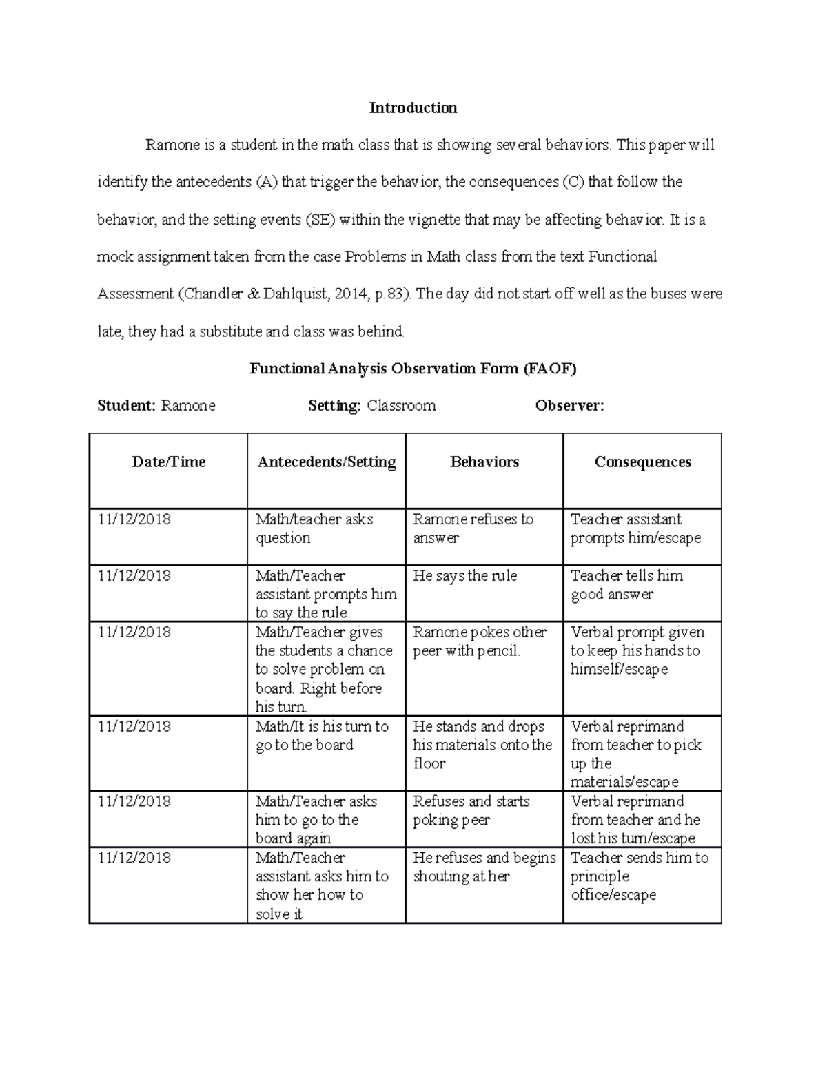 PSY7707U6A - Functional Analysis Observation Form (FAOF) filled out ...